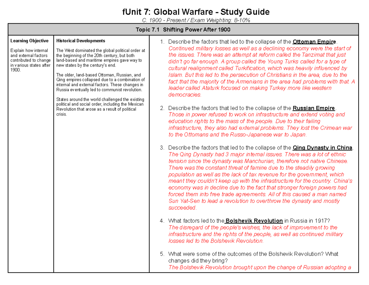 **AP World History Unit 7 Final Exam Study Guide: Global Conflicts 1900-Present** - Studocu