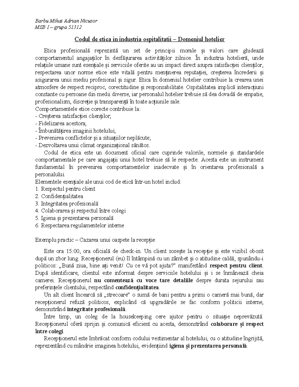 Codul de etica in domeniul hotelier - Barbu Mihai Adrian Nicusor MSB I ...