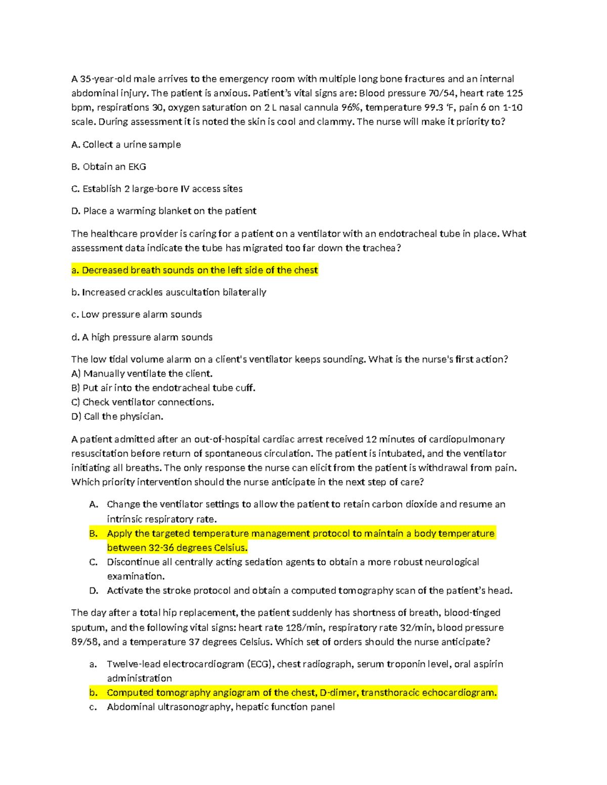 Critical Care Nursing Quiz #1: Practice Questions & Answers - Studocu