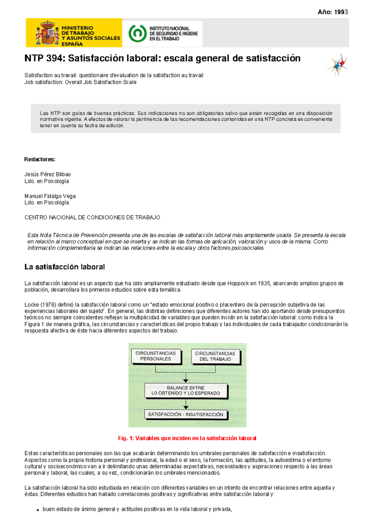 Escala de Satisfacción Laboral: NTP 394 de Warr y Cook - Studocu