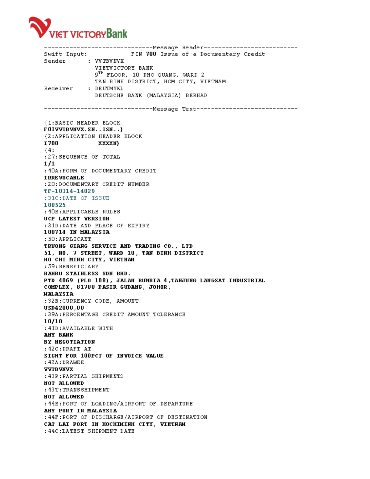 FIN 700 Documentary Credit Issuance - VVTBVNVX to DEUTMYKL - Studocu