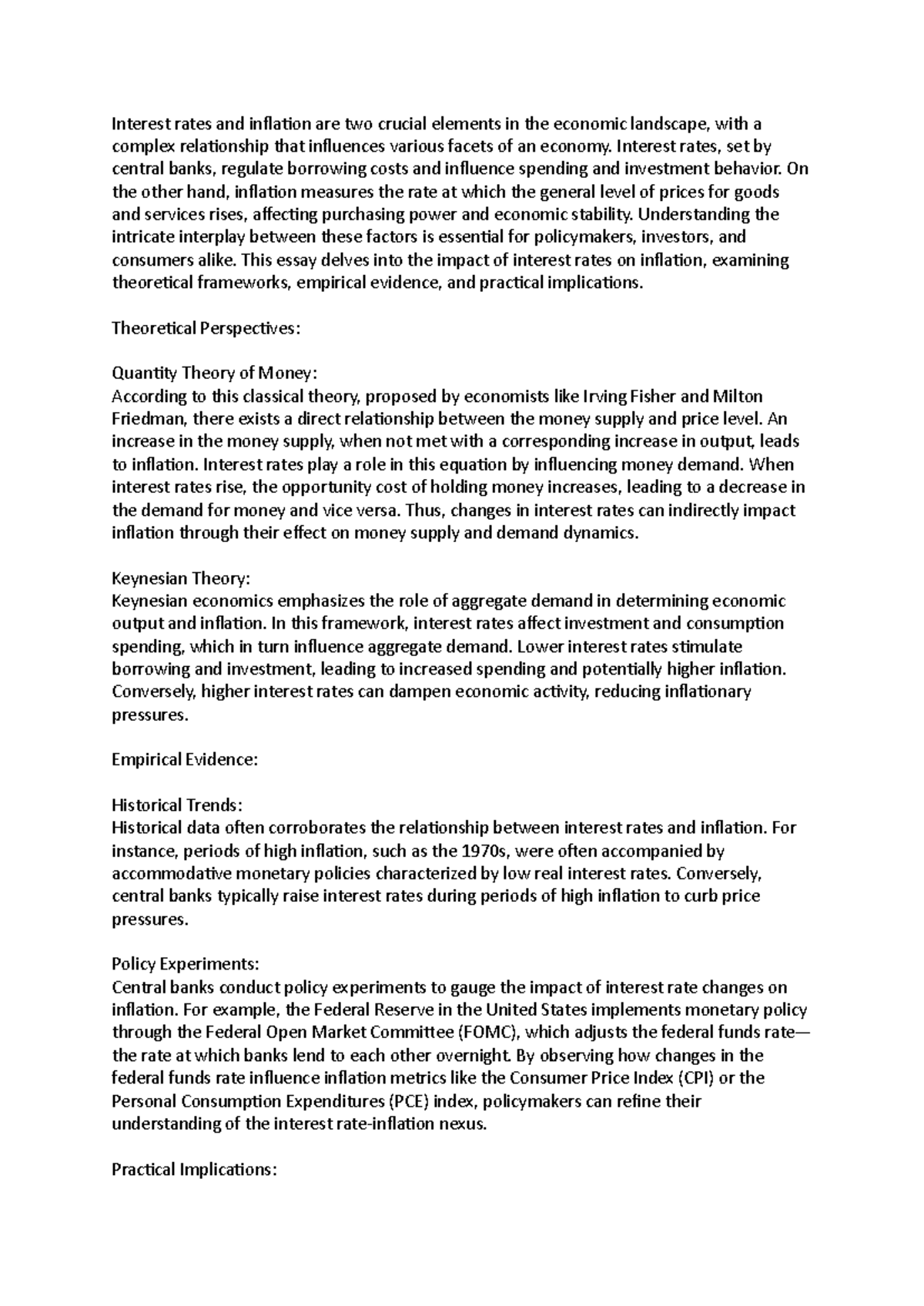 Essay on the Impact of Interest Rates on Inflation Dynamics - Studocu