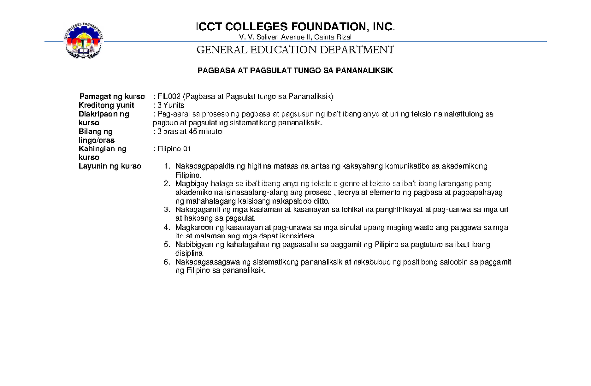FIL-02 Pagbasa AT Pagsulat Tungo SA Pananaliksik - V. V. Soliven Avenue ...