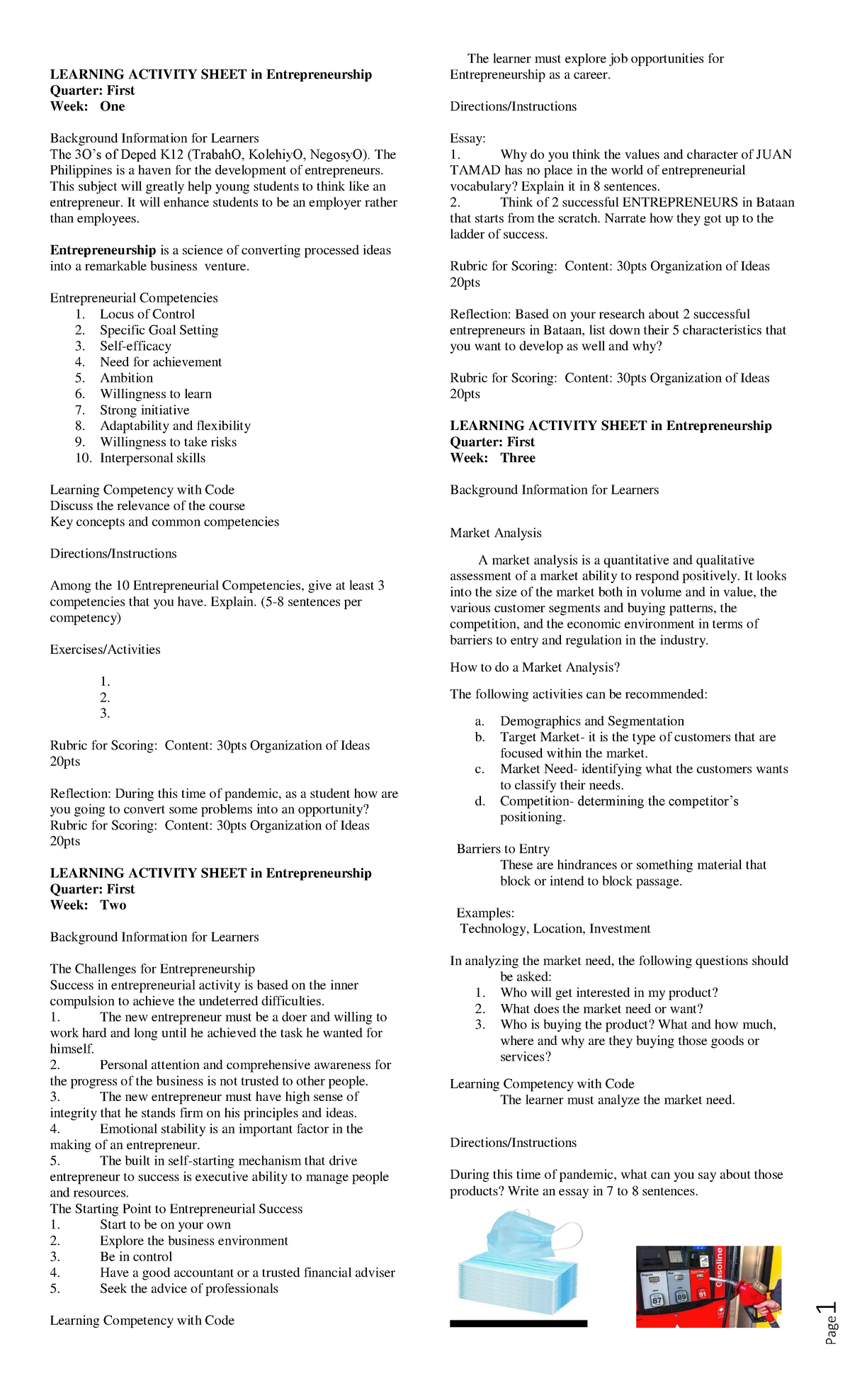 LAS Entrepreneurship Learning Activity Sheet - Quarter 1 Overview - Studocu