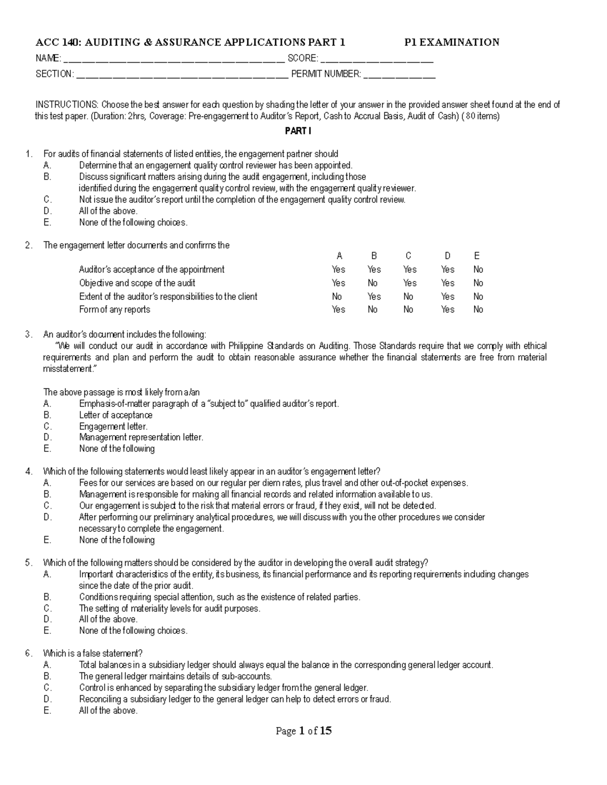 ACC 140: Auditing Assurance Applications Part P1 Exam Review Guide ...