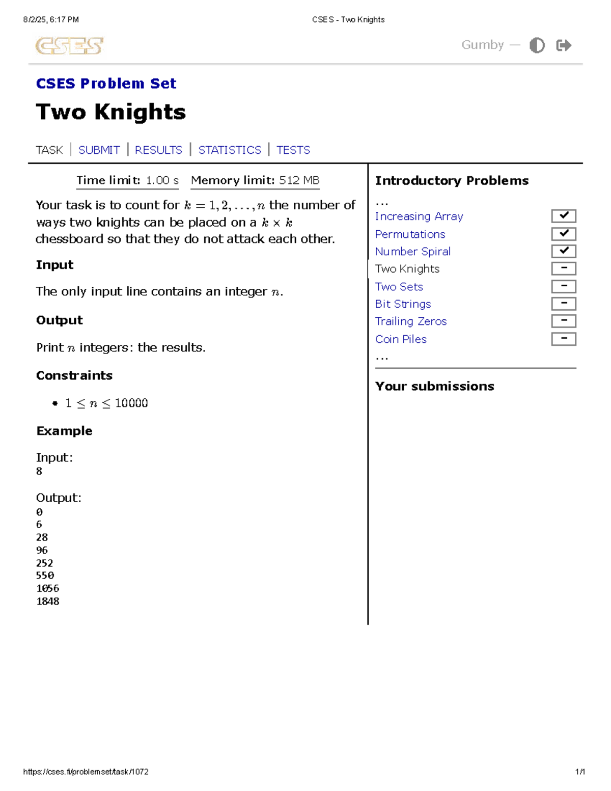 CSES - Two Knights Problem Set: Non-Attacking Configurations - Studocu