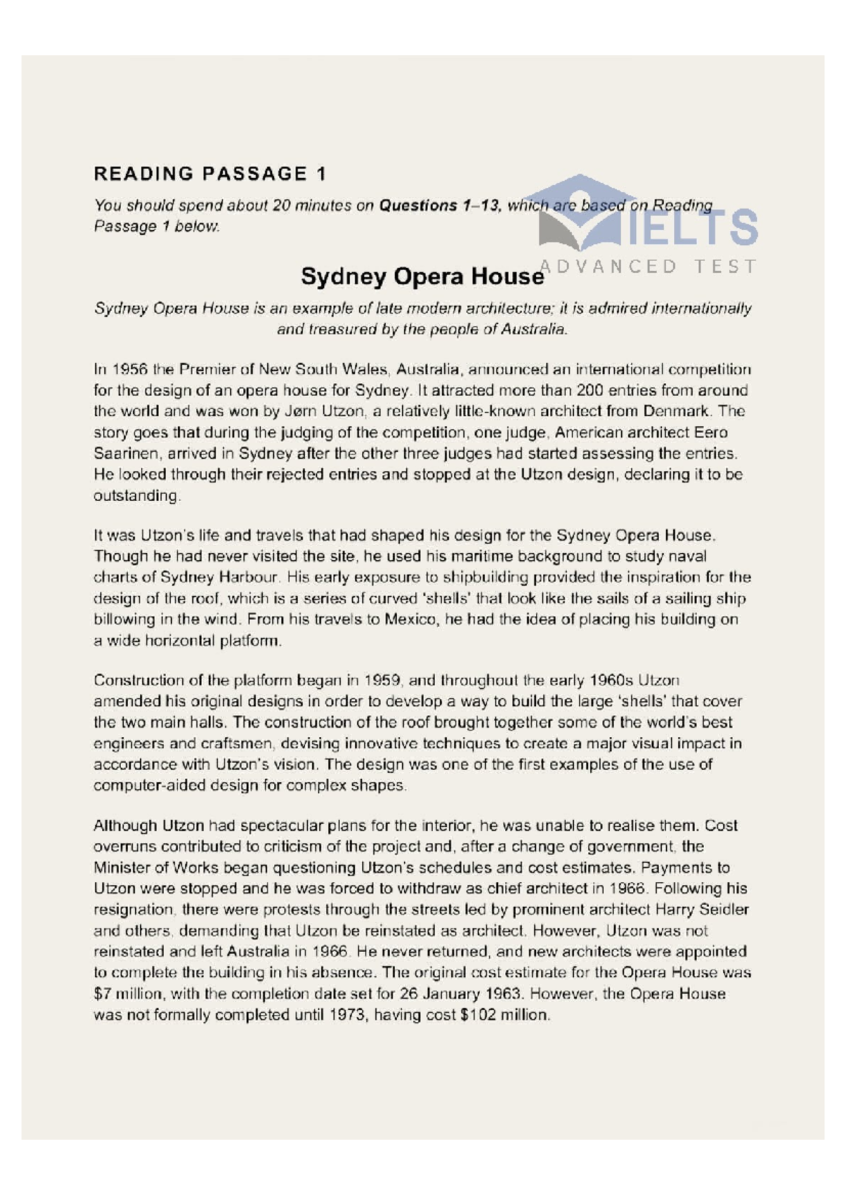 IELTS ADVANCED TEST Reading Passage 1: Sydney Opera House Overview ...