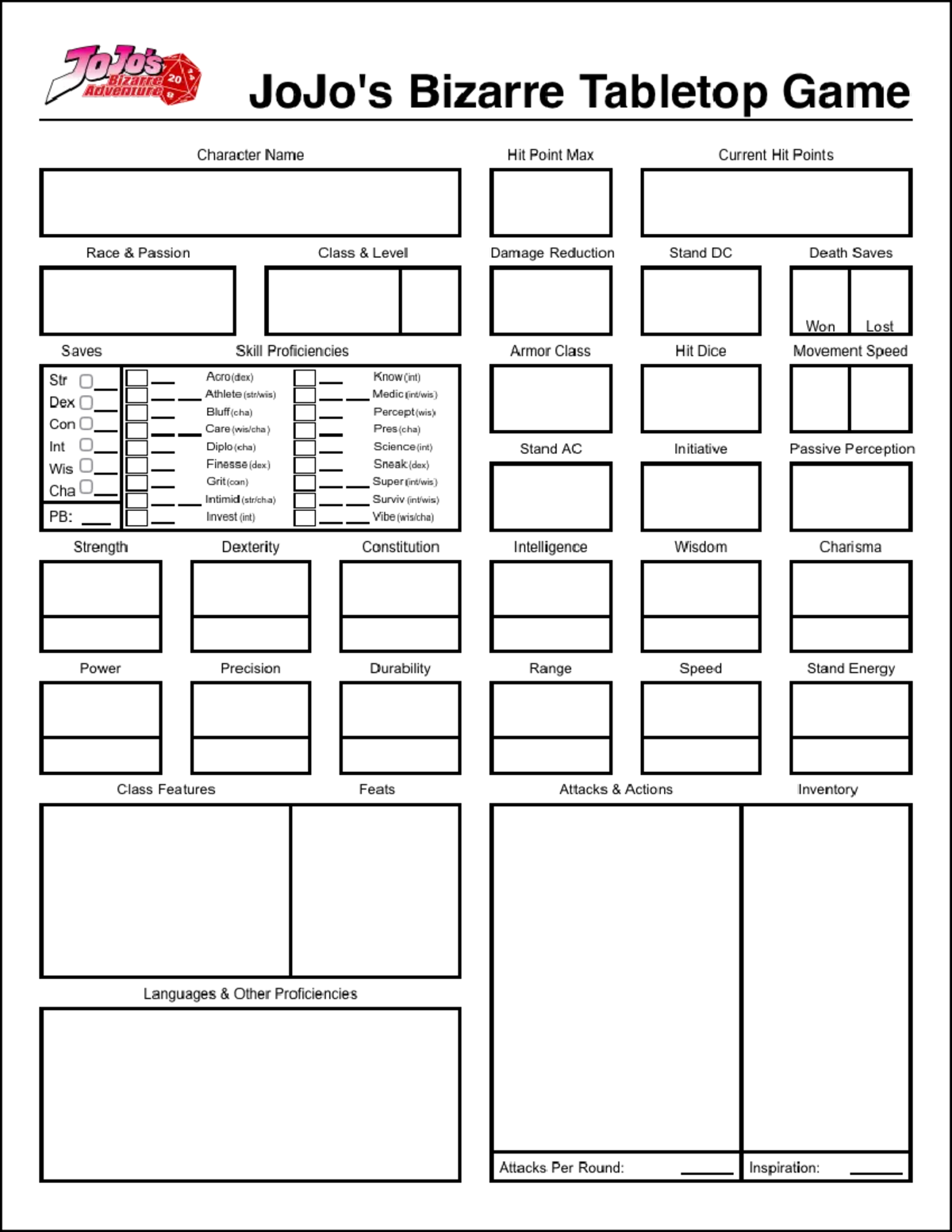 JoJo Character Sheet - Detailed Stats & Features - Studocu