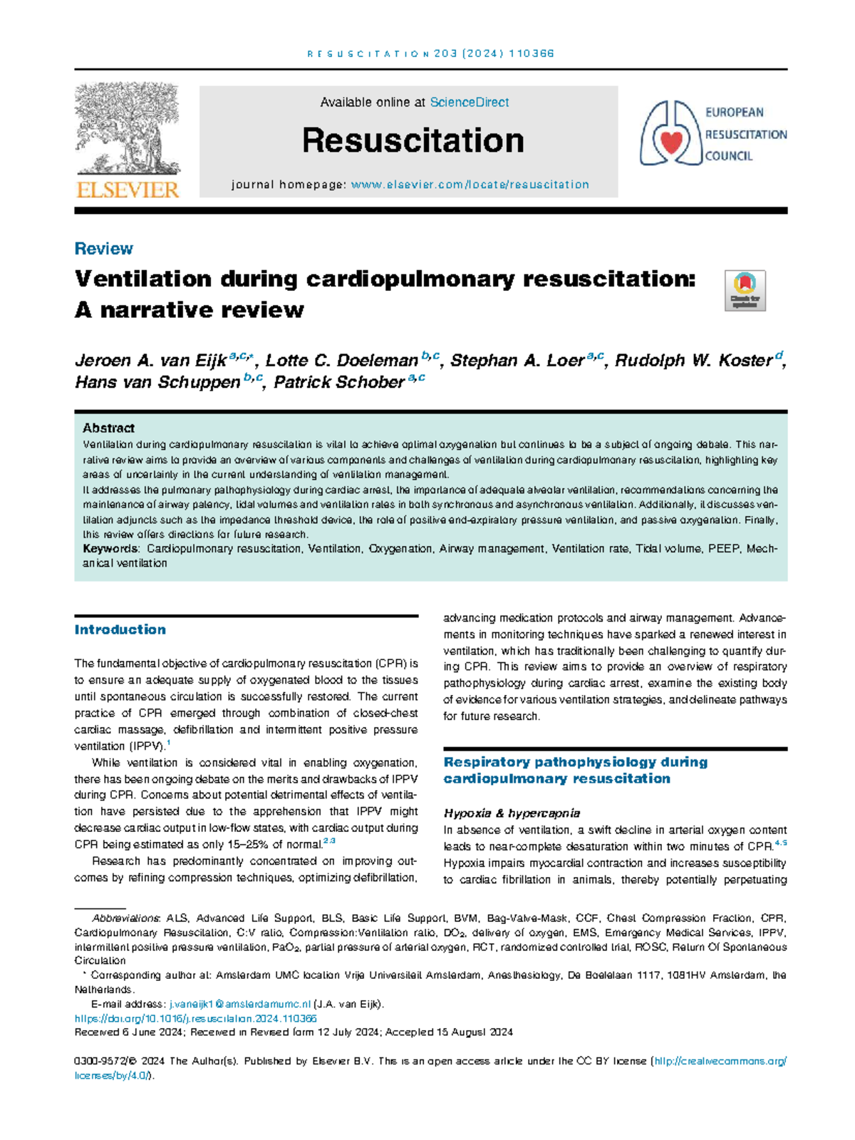 Ventilation Strategies in CPR: A Narrative Review (RESUSCITATION 203 ...