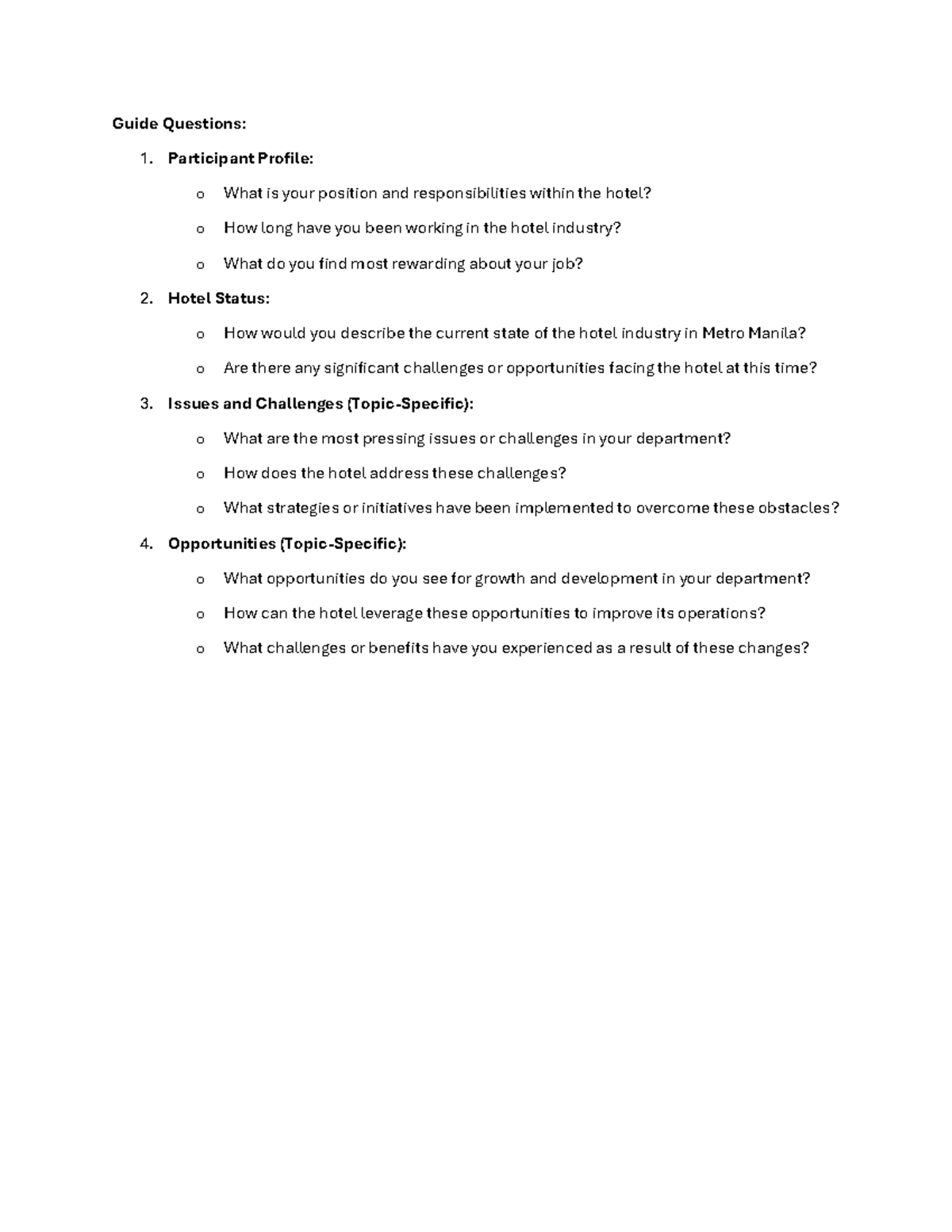 Hotel Industry Guide Questions: Participant Insights & Challenges - Studocu