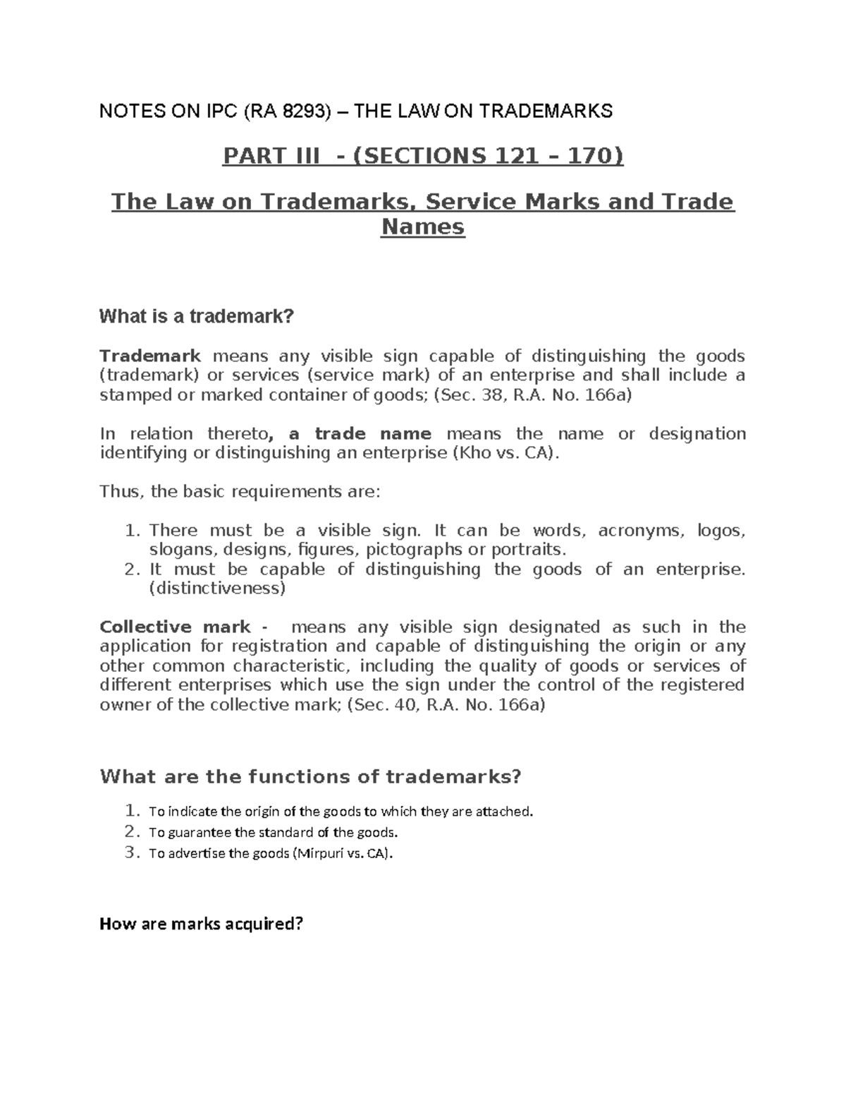 IPC RA 8293: Comprehensive Notes on Trademark Law and Registration ...