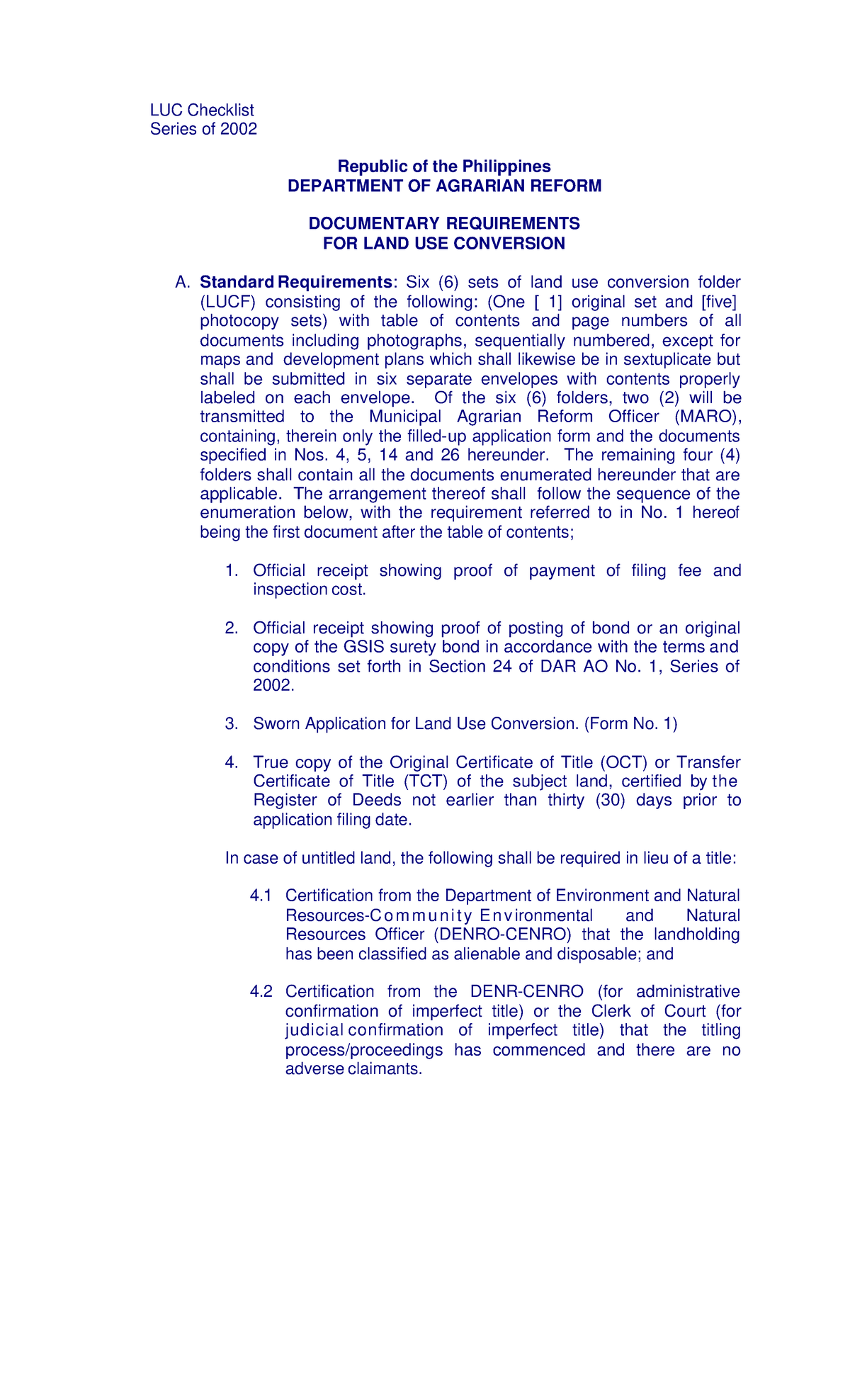 LUC 2002 Land Use Conversion Documentary Requirements Checklist - Studocu