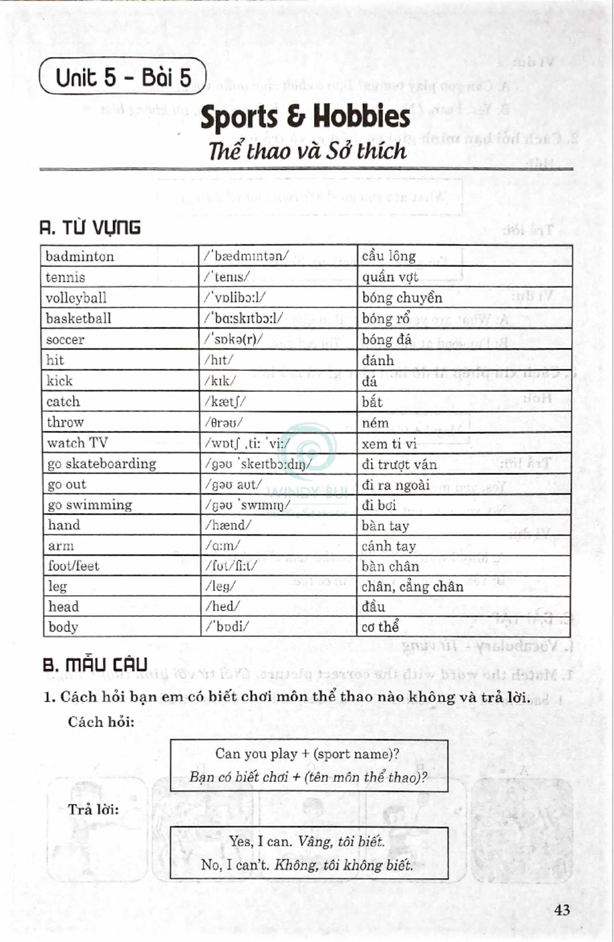 Unit 5 - Bài 5: Sports & Hobbies Vocabulary and Sentence Patterns - Studocu