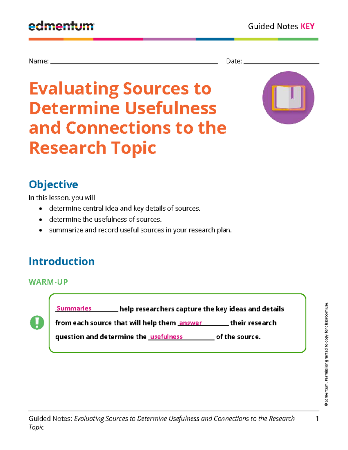 KEY Guided Notes: English 9 B4.03 Evaluating Sources for Research ...