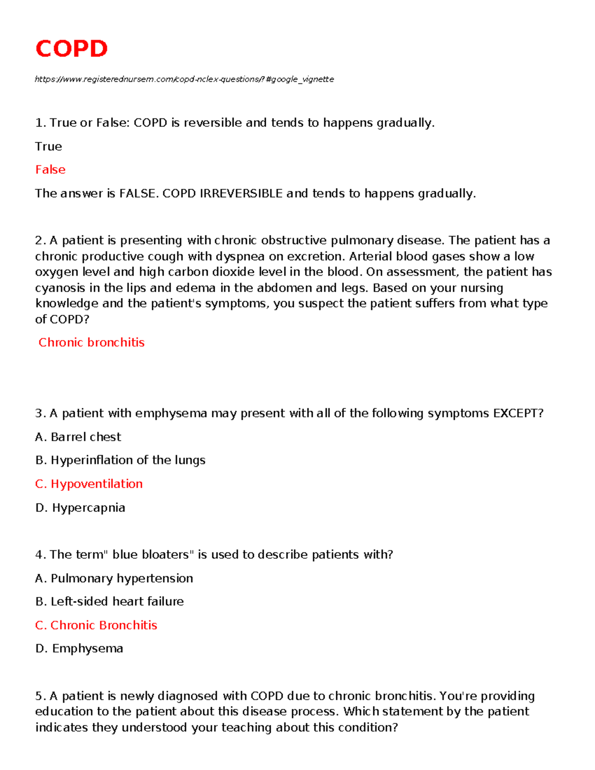 CCN COPD Prelim Questionnaire: Key Concepts and Nursing Insights - Studocu