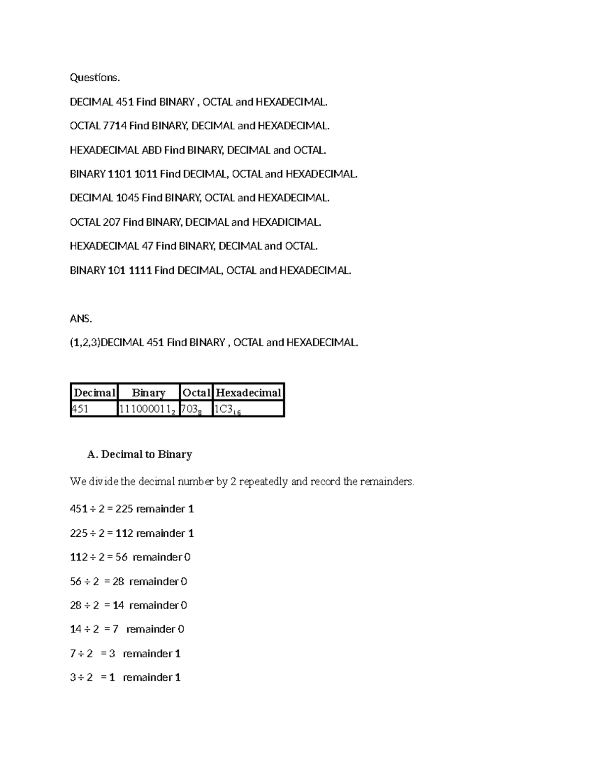 DECIMAL 451 Conversion to BINARY, OCTAL, HEXADECIMAL - MATH 451 - Studocu