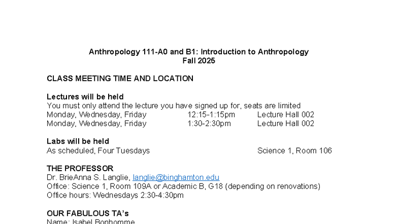 Anthropology 111: Intro to Anthropology Syllabus Fall 2025 - Studocu