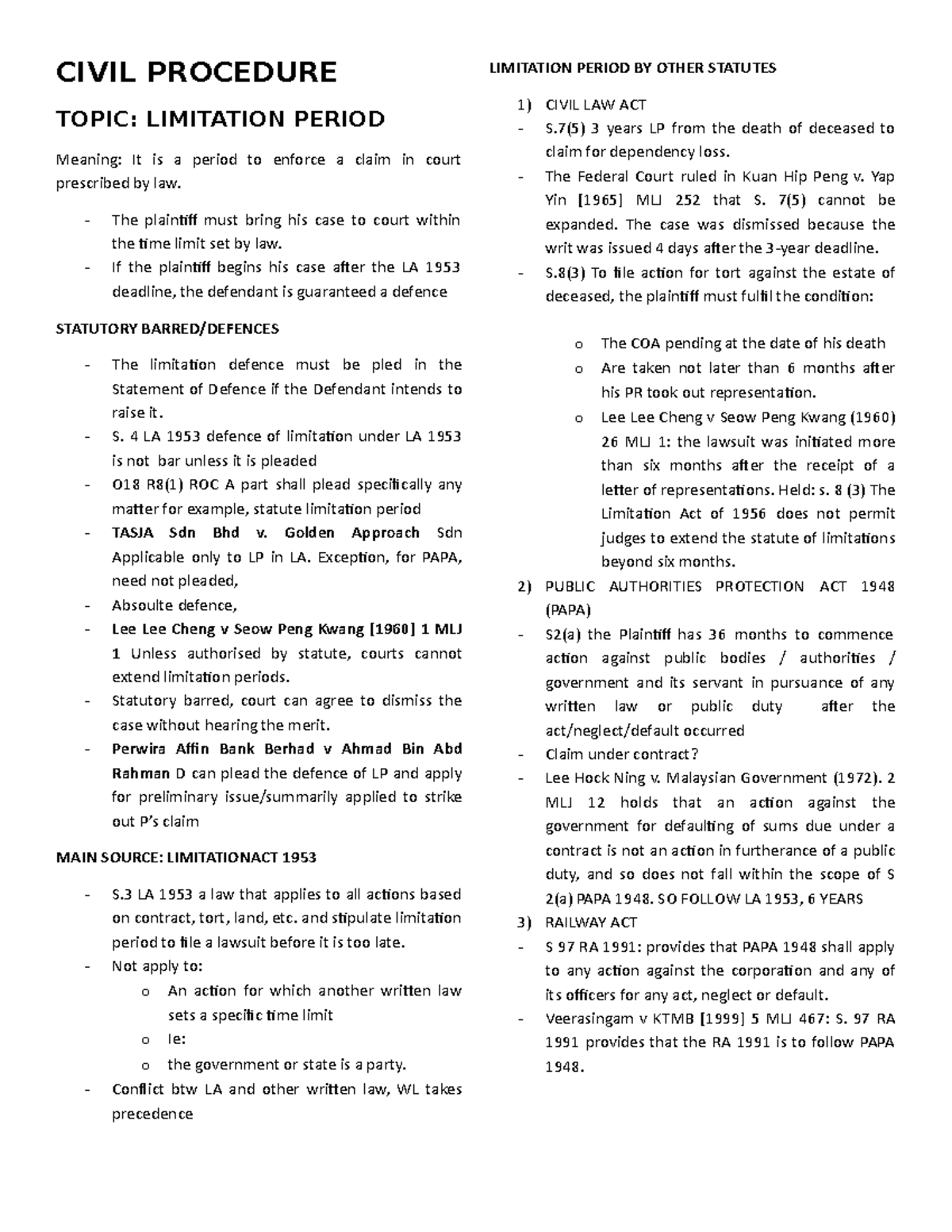CIVIL PROCEDURE: Limitation Period Overview Notes (LA 1953) - Studocu