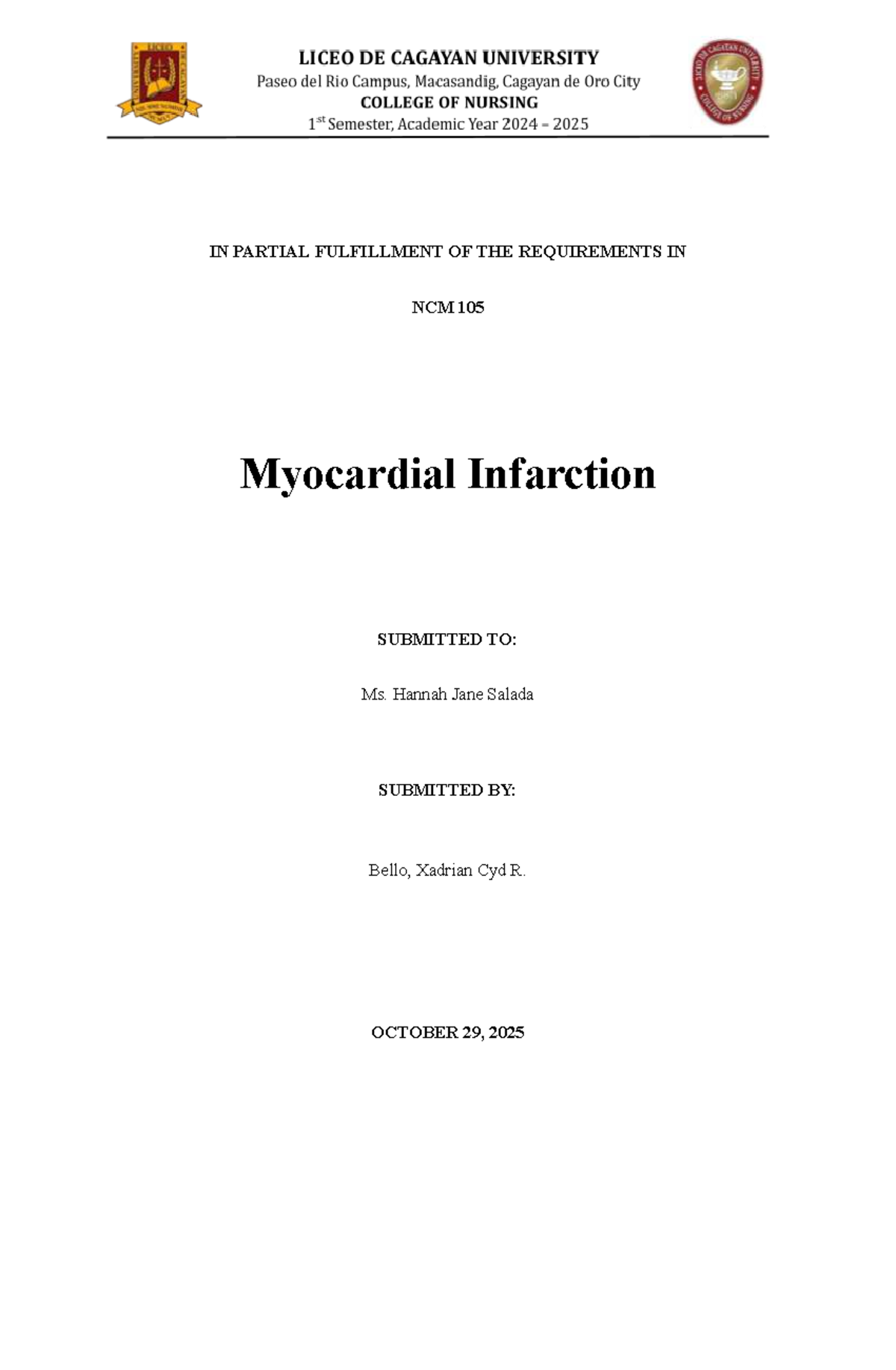 NCM 105 Case Study: Myocardial Infarction Nutrition & Management - Studocu