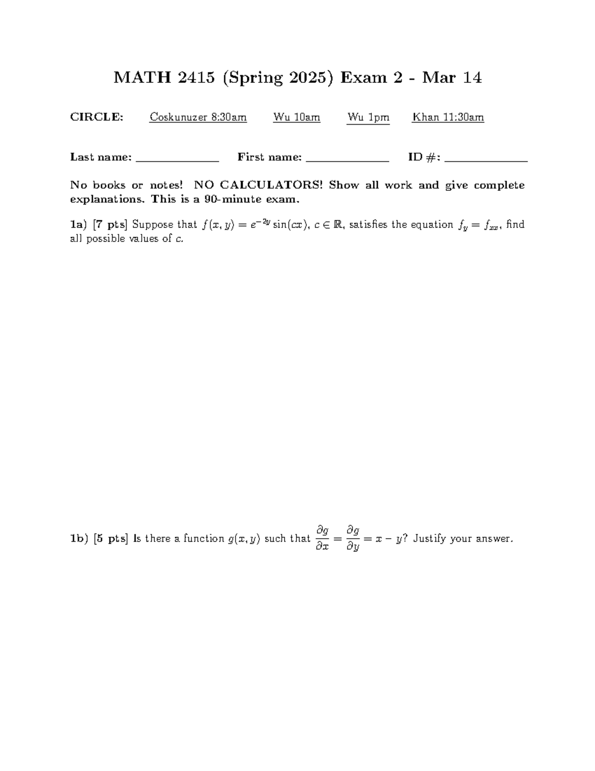 MATH 2415 Spring 2025 Exam 2 Review - Past Exam Solutions - Studocu