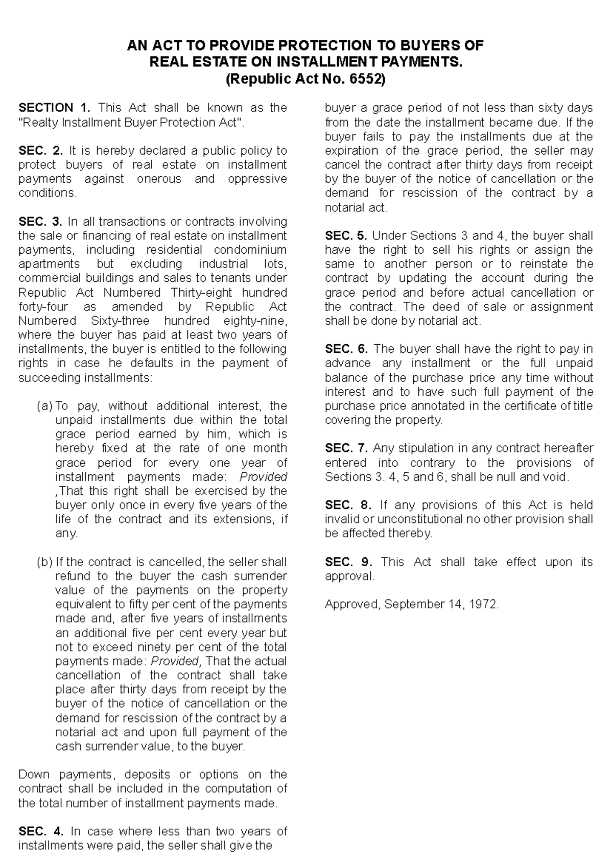 Possible Questions for Recitation on Republic Act No. 6552: Buyer Protection - Studocu