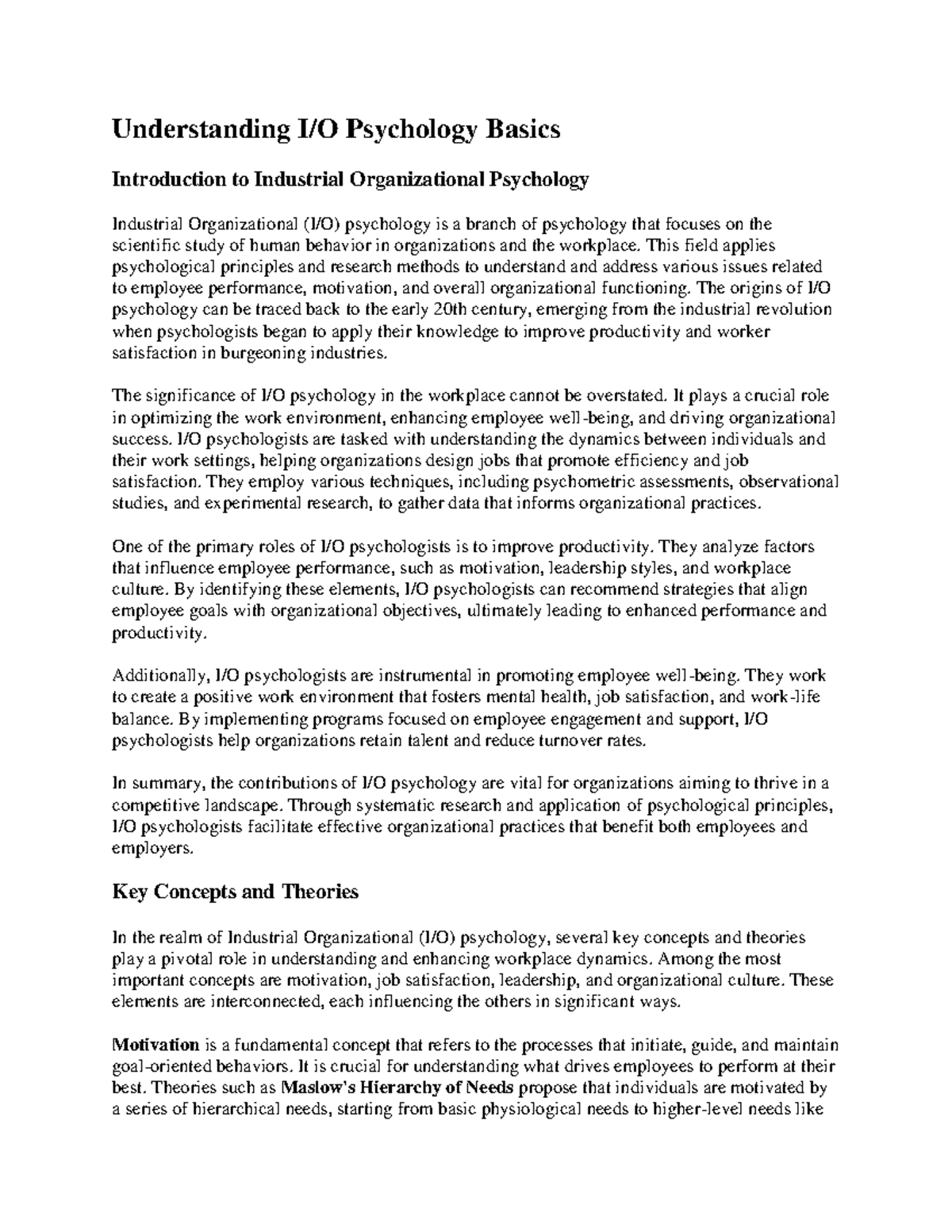 Understanding IO Psych - Understanding I/O Psychology Basics Introduction to Industrial - Studocu