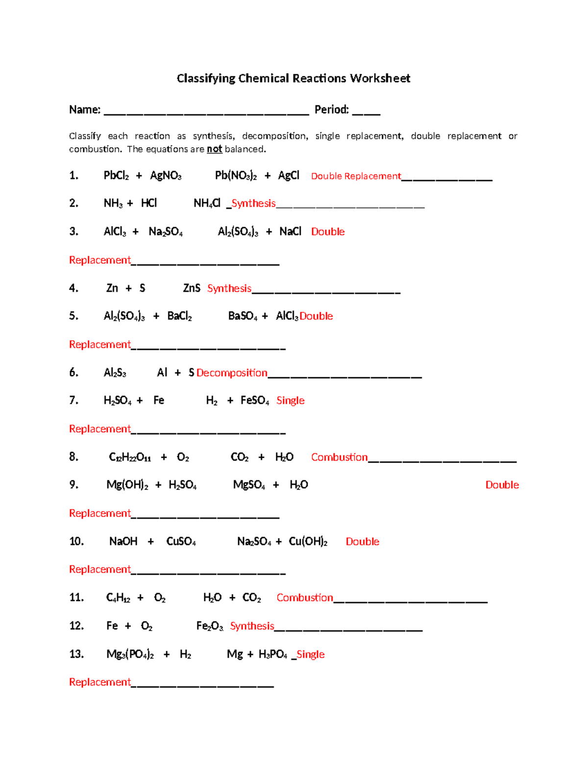 Types of Chemical Reactions Worksheet (WS) - Studocu