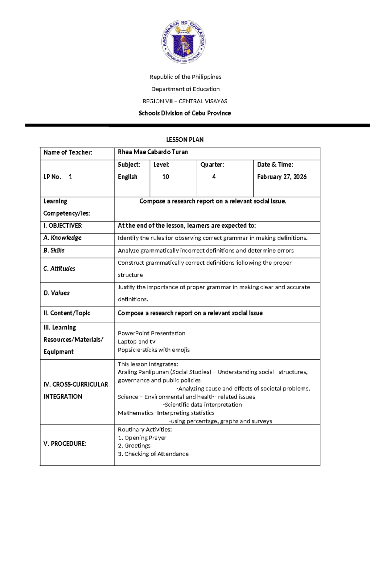 Lesson Plan Demo: English 10 (Quarter 4) - Research Report on Social ...