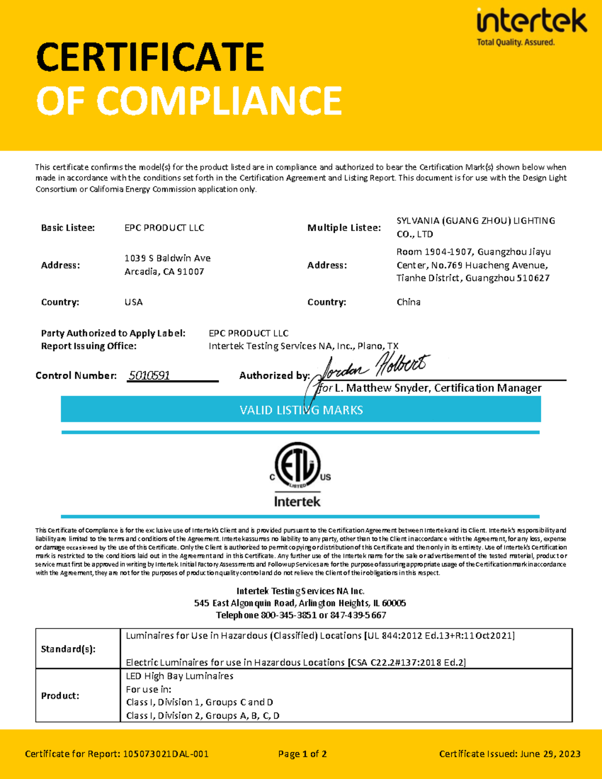 Sylvania Intertek Certificate of Compliance for LED EMER R1 - Studocu