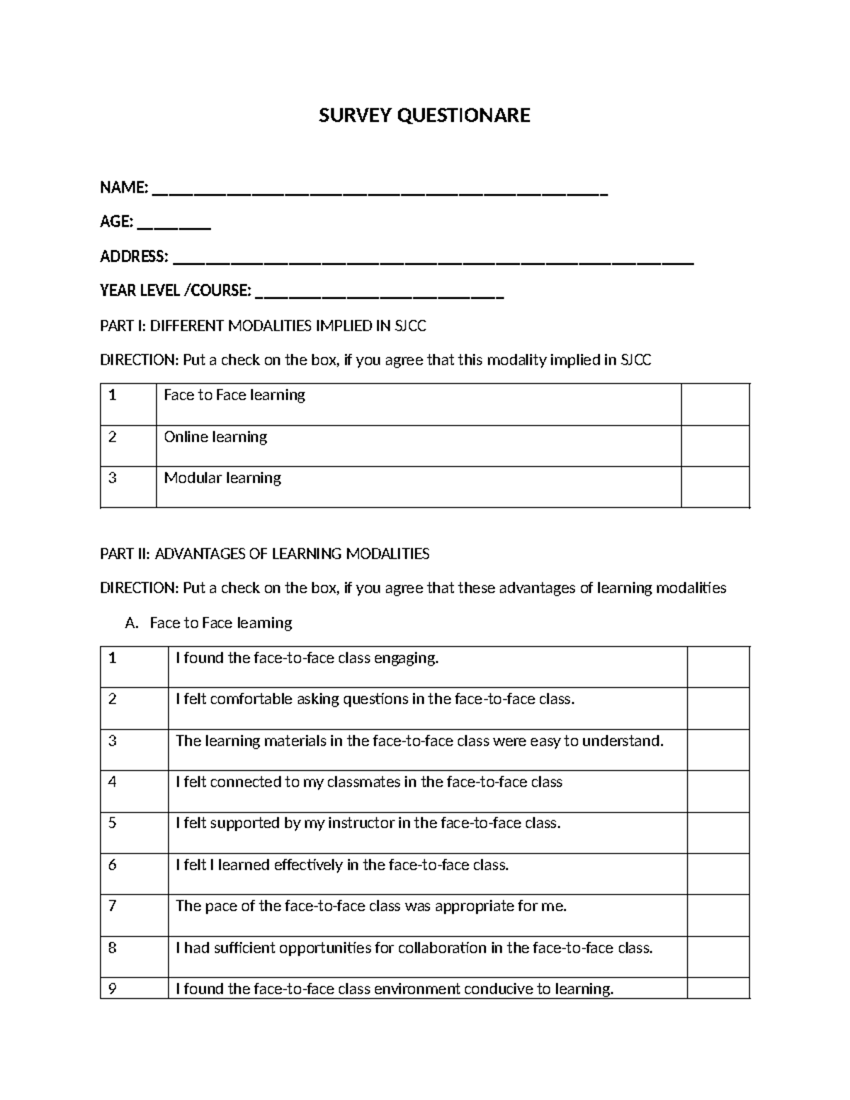 Survey Questionnaire on Learning Modalities in SJCC - Studocu