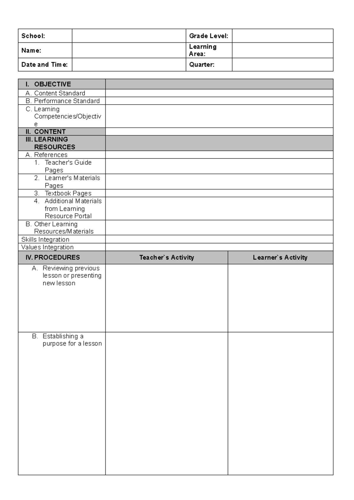 Detailed Lesson Plan Template (Grade Level: ___) - Studocu