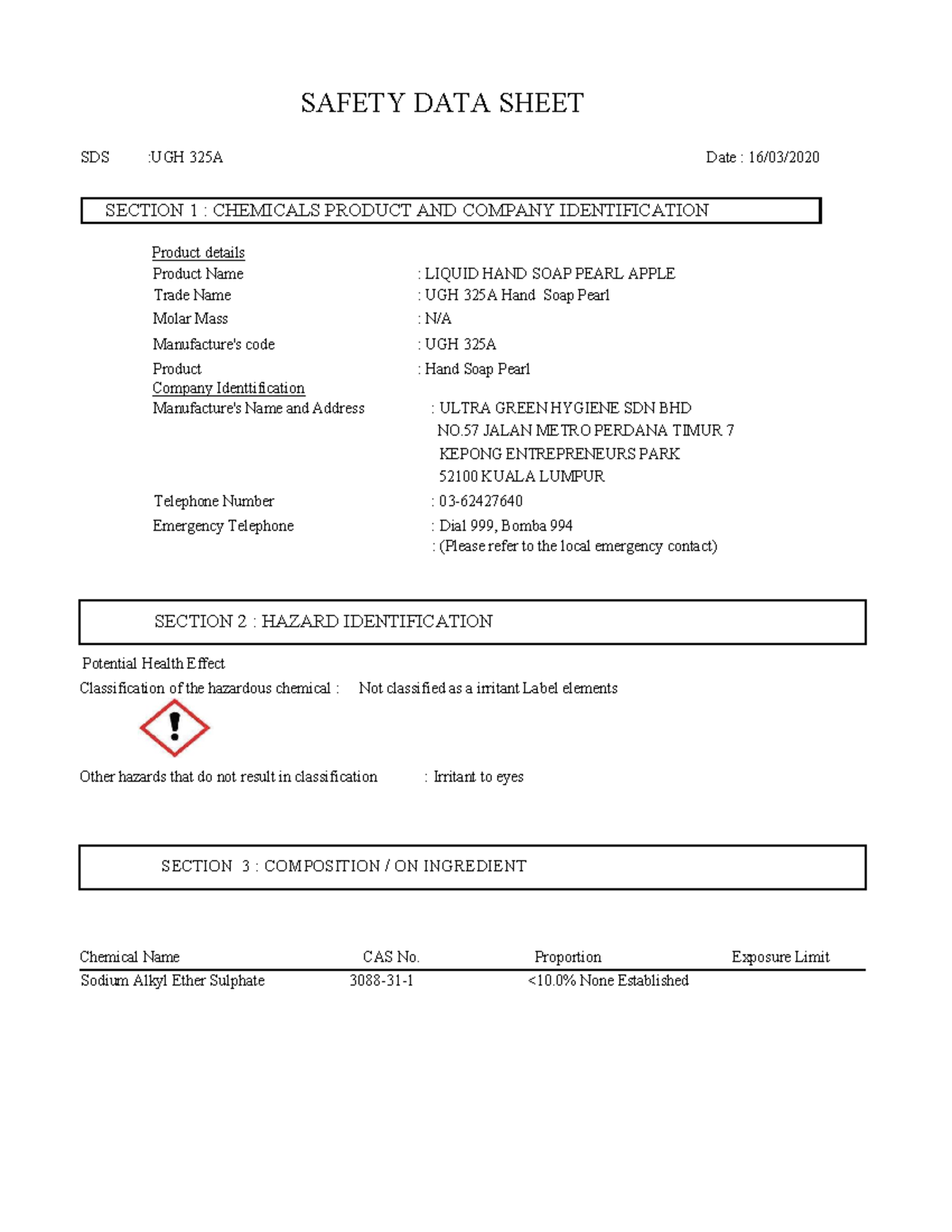 SDS for UGH 325A Liquid Hand Soap: Safety & Handling Guide - Studocu