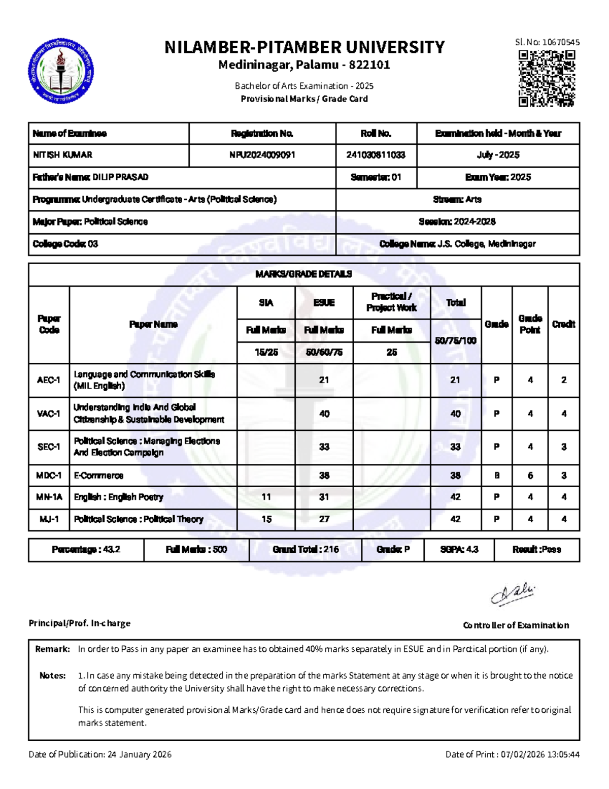NPU 2025 BA Provisional Marks Grade Card for Nitish Kumar - Studocu