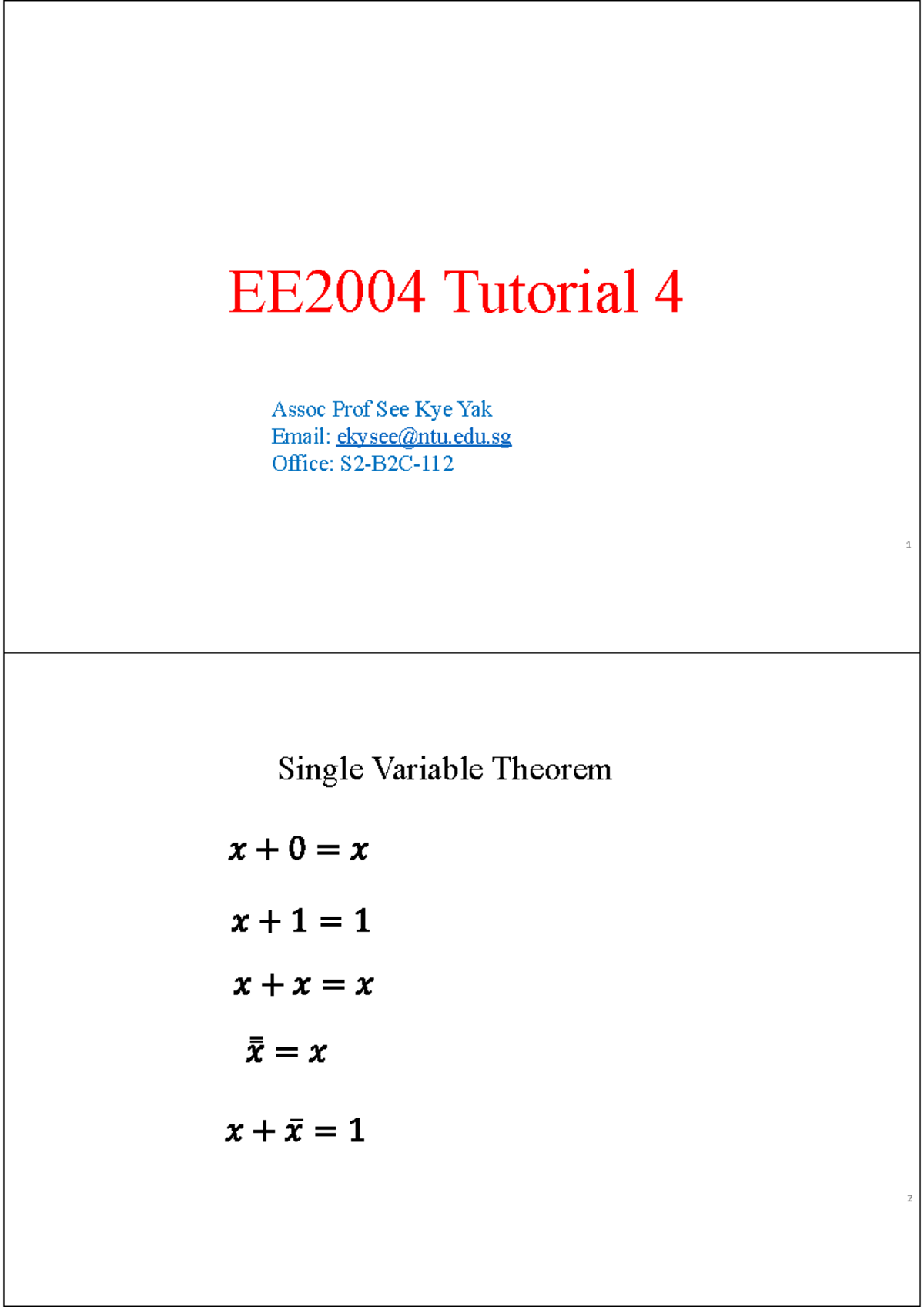 EE2004 Tutorial 4 Solutions - Boolean Algebra and Theorems - Studocu