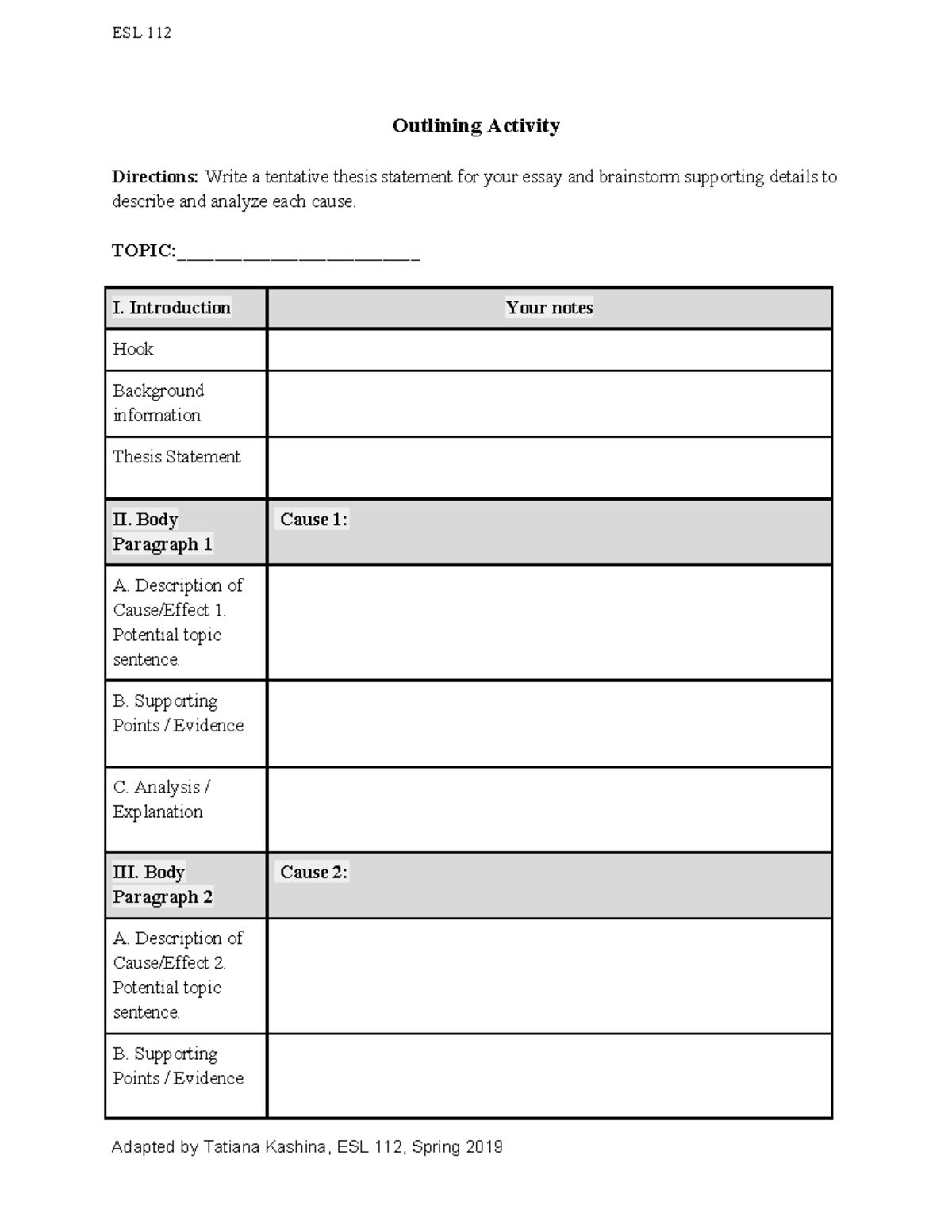 ESL 112 Problem Analysis Essay Outline Template - Studocu