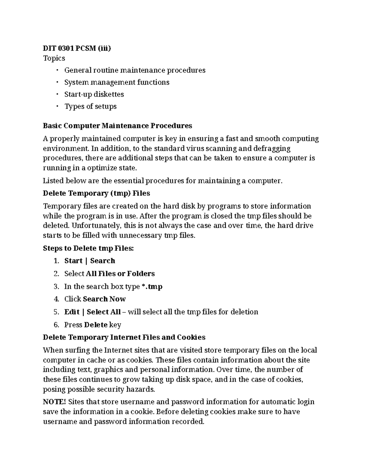 Basic Computer Maintenance Procedures - DIT 0301 PCSM Guide - Studocu