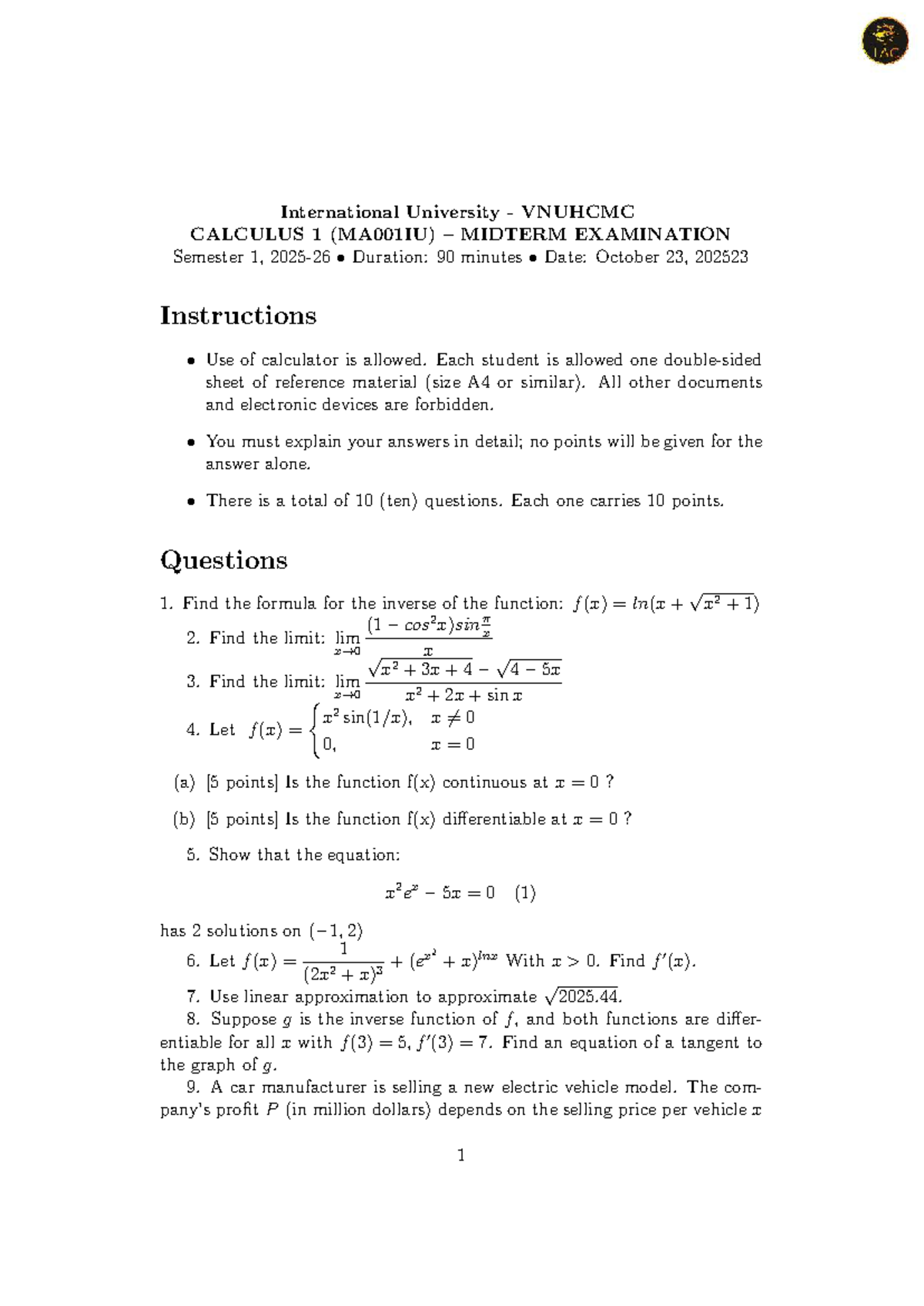 VNUHCMC CALCULUS 1 (MA001IU) MIDTERM EXAM SAMPLE QUESTIONS - Studocu