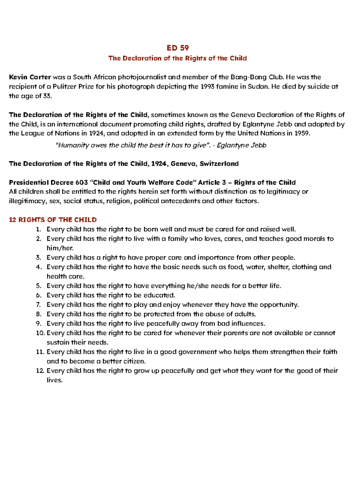 ED 59 The Declaration of the Rights of the Child Making Schools ...