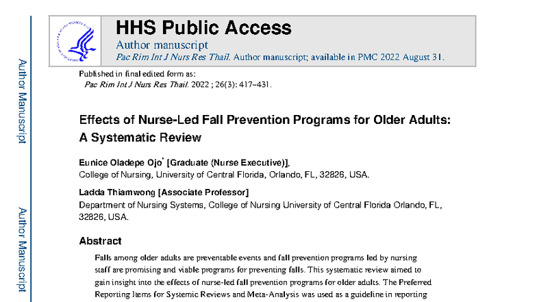 Effects of Fall Prevention Programs for Older Adults: A Systematic ...