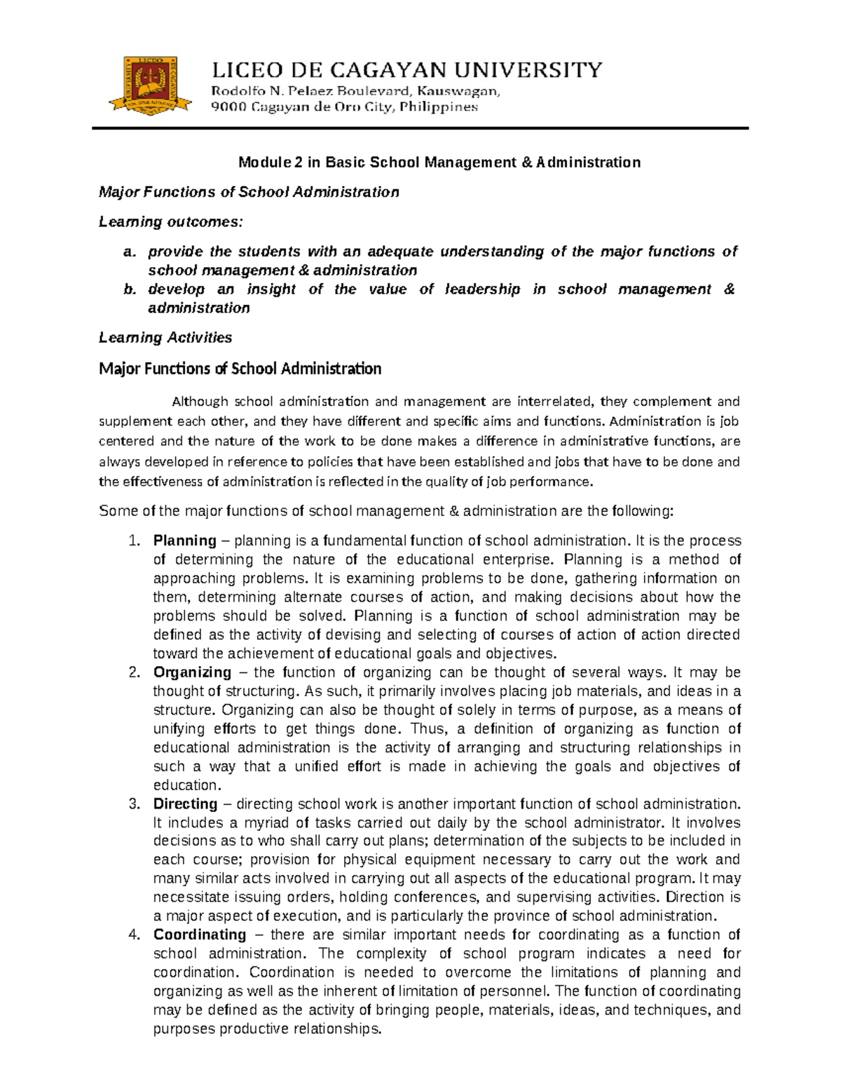 Module 2: Week 3 & 4 - Major Functions of School Administration in BSM ...