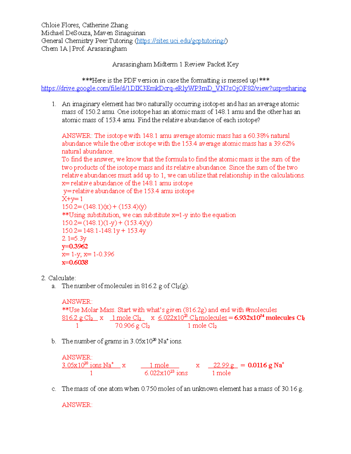 Chem 1A | Arasasingham Midterm 1 Review Packet & Answer Key - Studocu