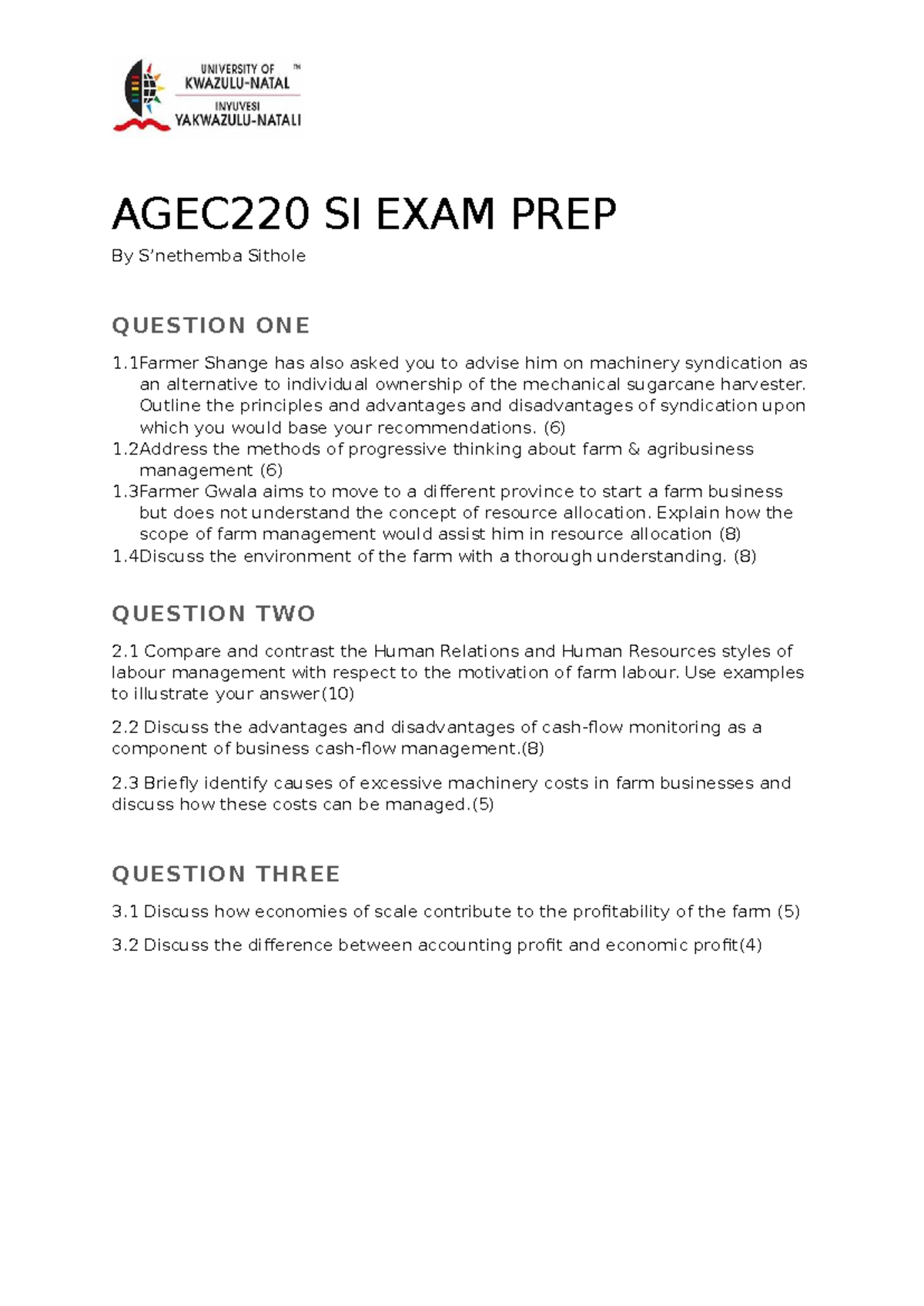 AGEC220 SI FINAL EXAM PREP: Farm Management & Labour Strategies - Studocu