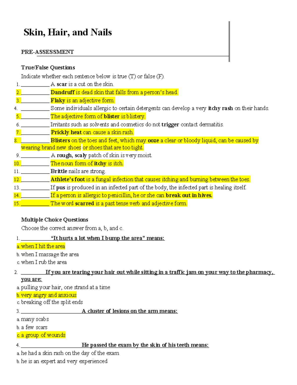 BÀI TẬP TRẮC NGHIỆM VÀ TRUE False CHAP 15678 - Skin, Hair, and Nails ...