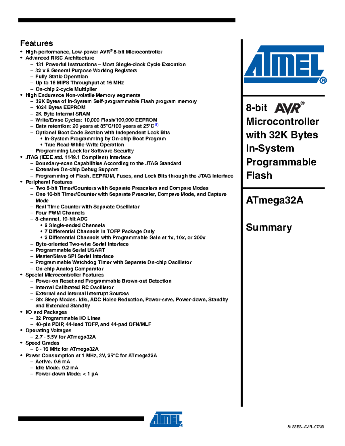 Microcontroller ATmega 32 Summary - Features • High-performance, Low ...