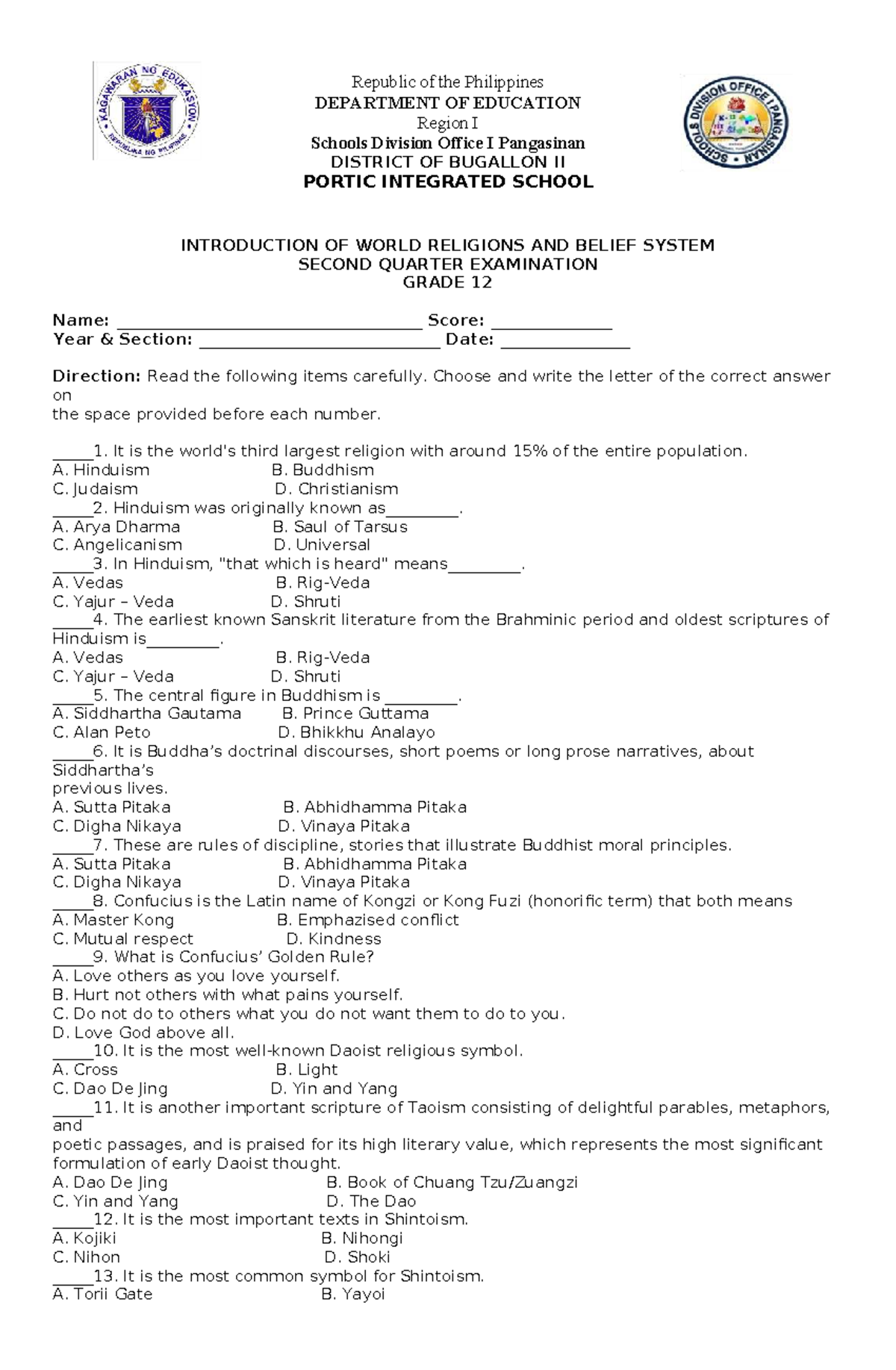 Grade 12 World Religions & Belief Systems 2nd Quarter Exam - Studocu
