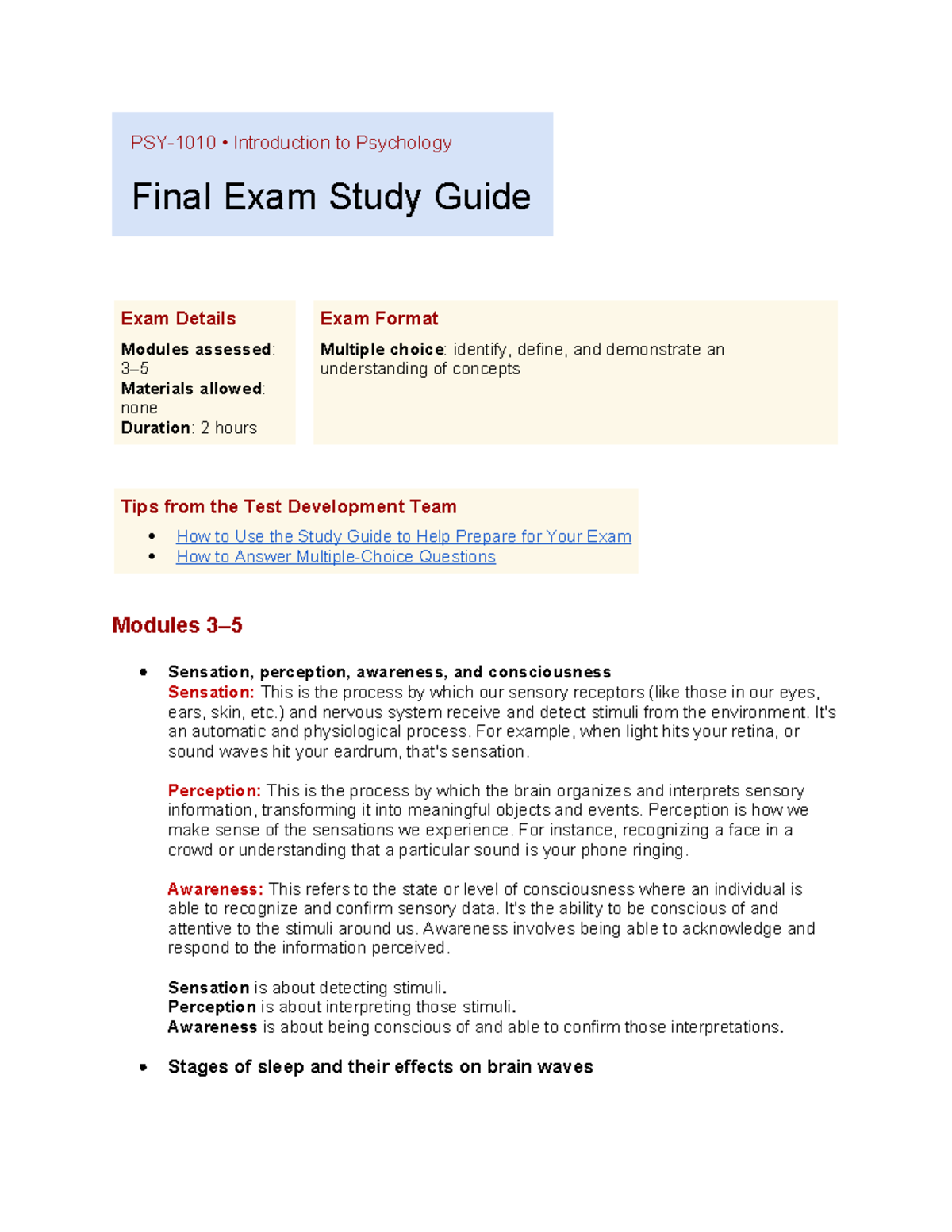 PSY-1010 Final Exam Study Guide: Key Concepts & Modules Overview - Studocu