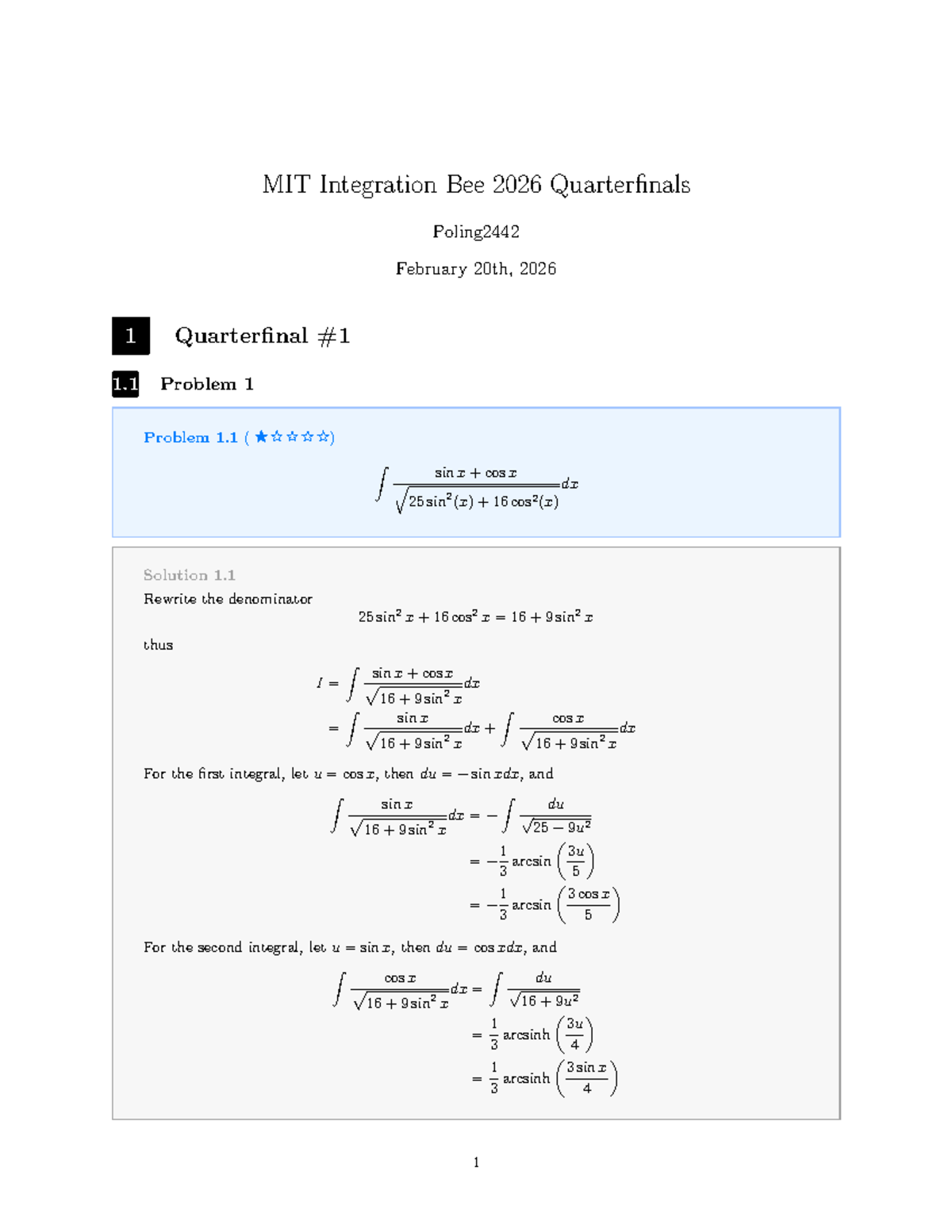 MIT Integral Bee 2026 Quarterfinals Solutions and Problems - Studocu