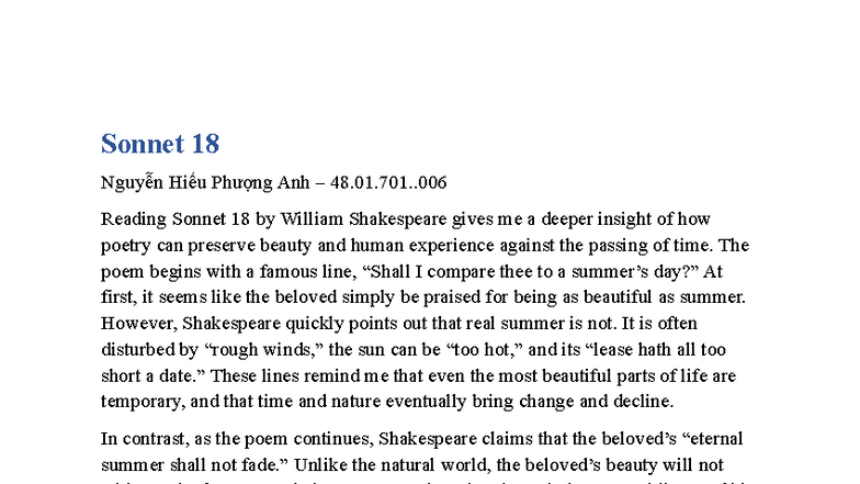 Reflection Note on Sonnet 18 and Other Literary Works (48.01.701.006 ...