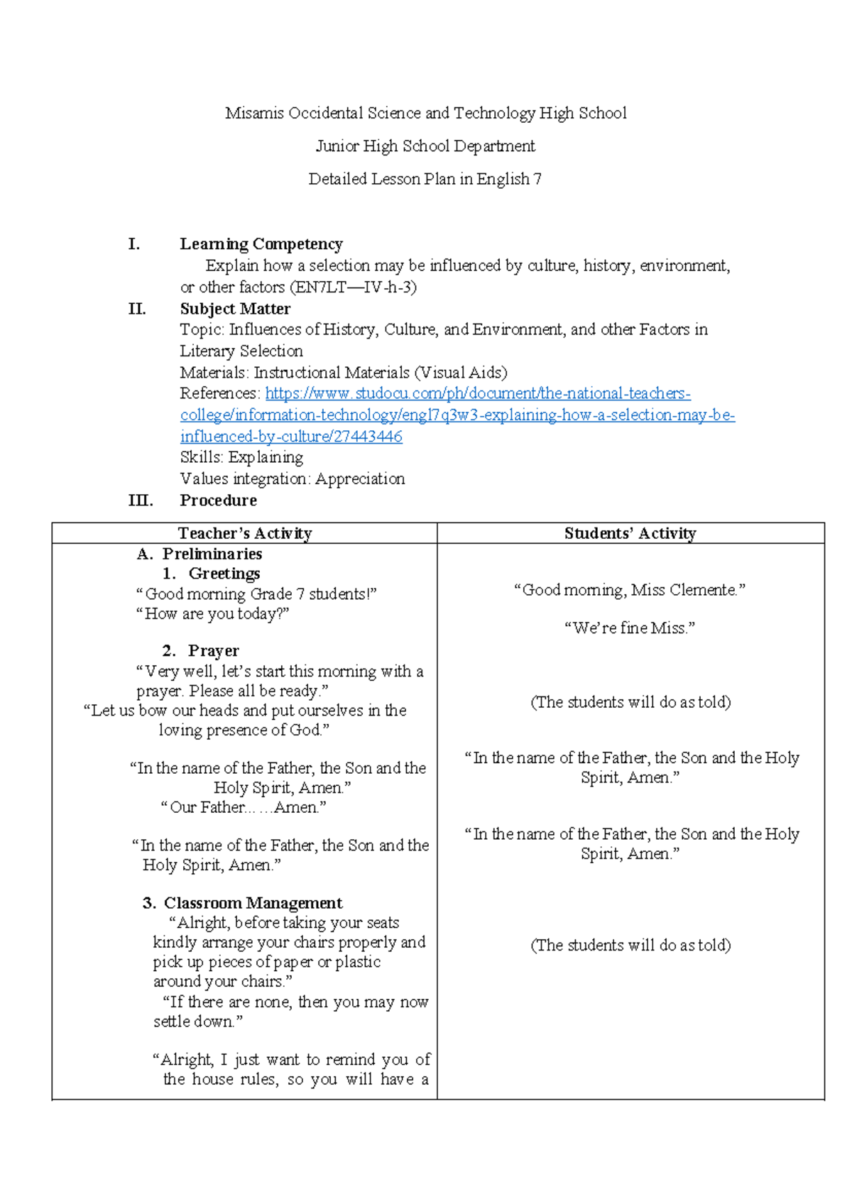 Detailed Lesson Plan for English 7: Influences of Culture and History ...