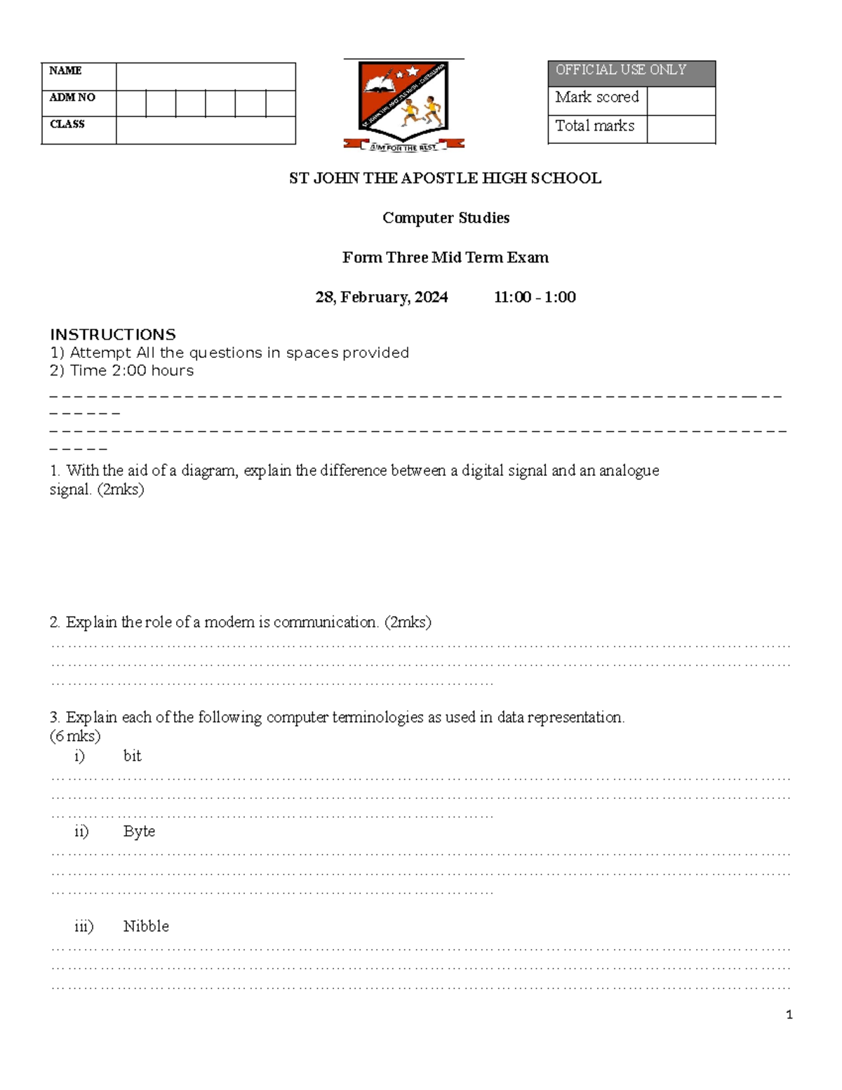 Form Three Computer Studies Mid Term Exam - February 2024 - Studocu